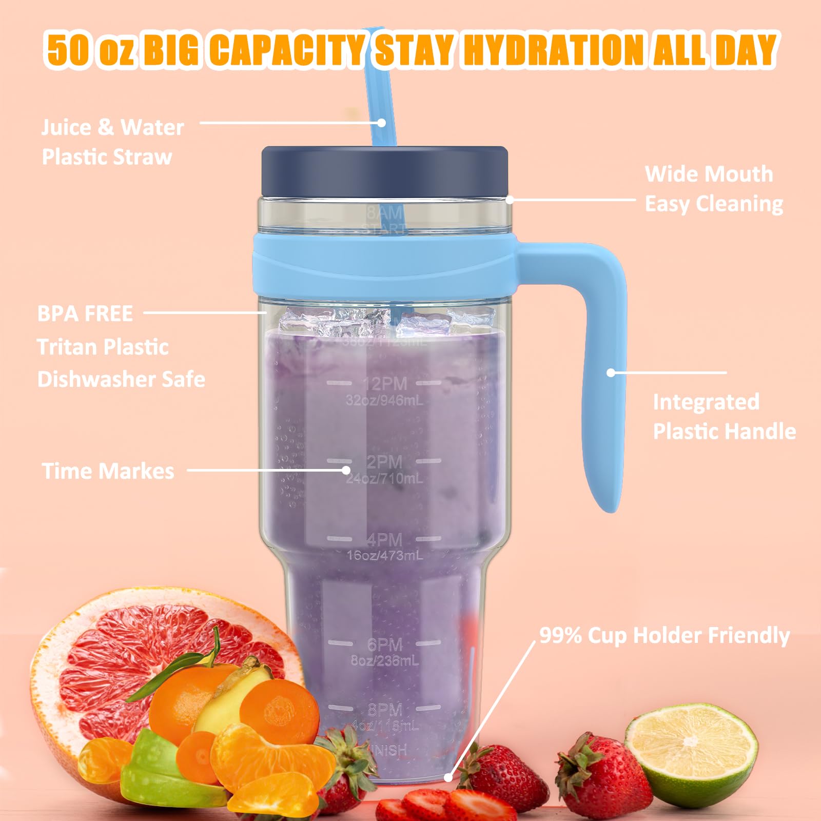 Tronco 50 oz Tritan Plastic Tumbler with Lid and Straw, BPA-Free Reusable Clear Water Bottle with Time Marker, 100% Leak Proof & Wide Mouth for Iced Coffee, Juice, Bubble Tea, Smoothies