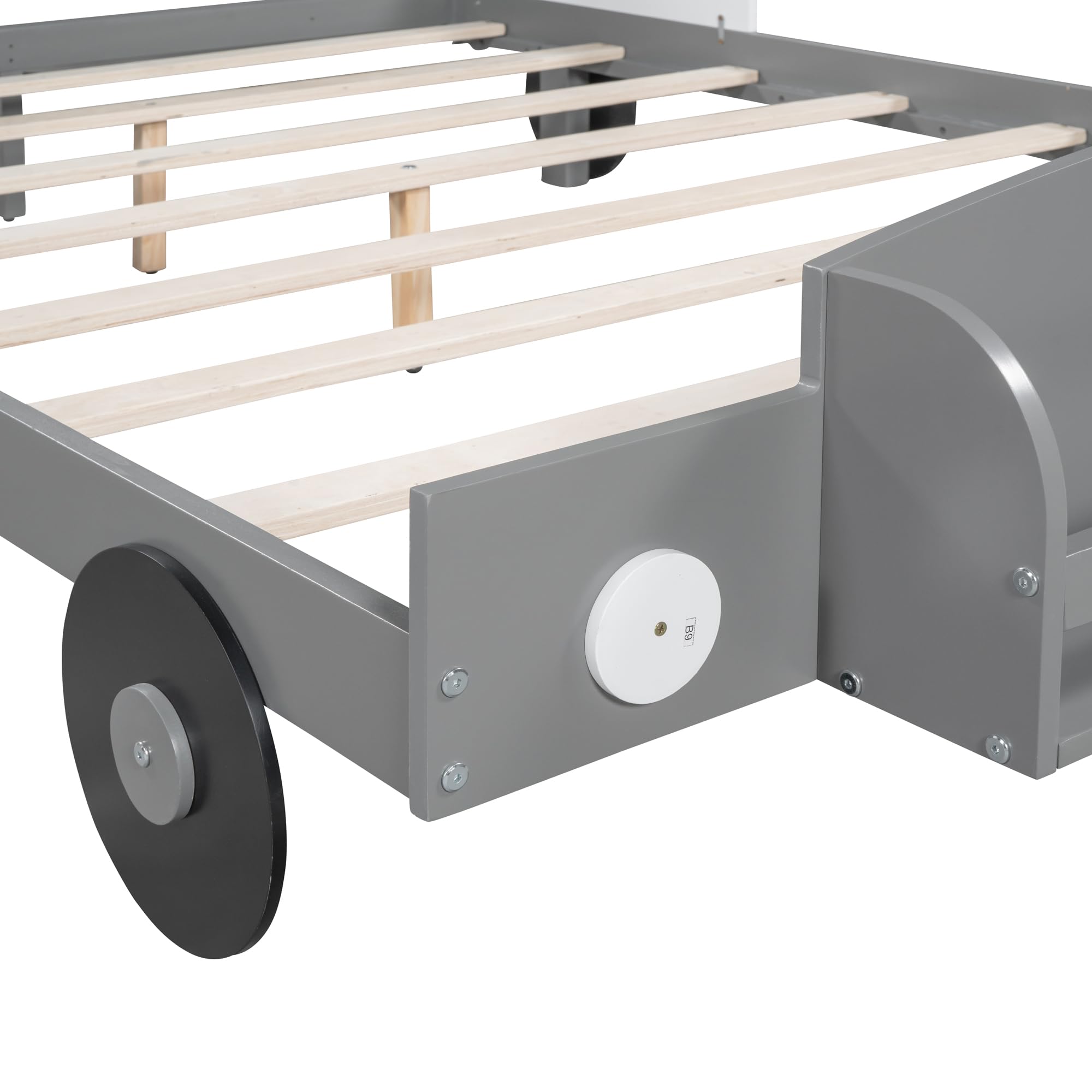 CITYLIGHT Full Size Car Beds for Boys, Full Bed Frame with with Storage Shelf, Wooden Kids Car Full Bed for Boys with Wheels for Child's Bedroom,Grey