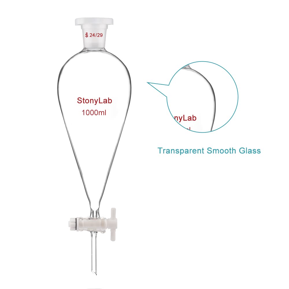 stonylab Borosilicate Glass 1000 ml Heavy Wall Conical Separatory Funnel with 24/29 Joints and PTFE Stopcock, 1000 ml