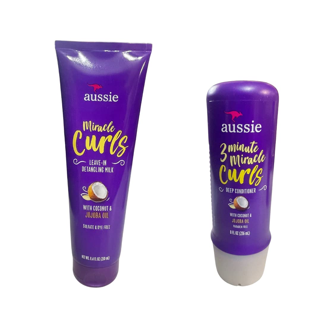 Aussie Miracle Curls Value Bundle 30.4 oz. Shampoo and Conditioner, 8.4 oz Miracle Curls Leave-In Detangling Milk, 8 oz 3 Minute Miracle Curls