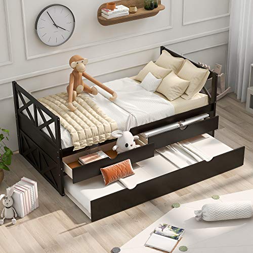 Brisca Twin Size Multi-Functional Daybed with Two Drawers and Trundle,Solid Pine Wood Bed W/X Frame On Side,for Guest Room,Bedroom,Espresso