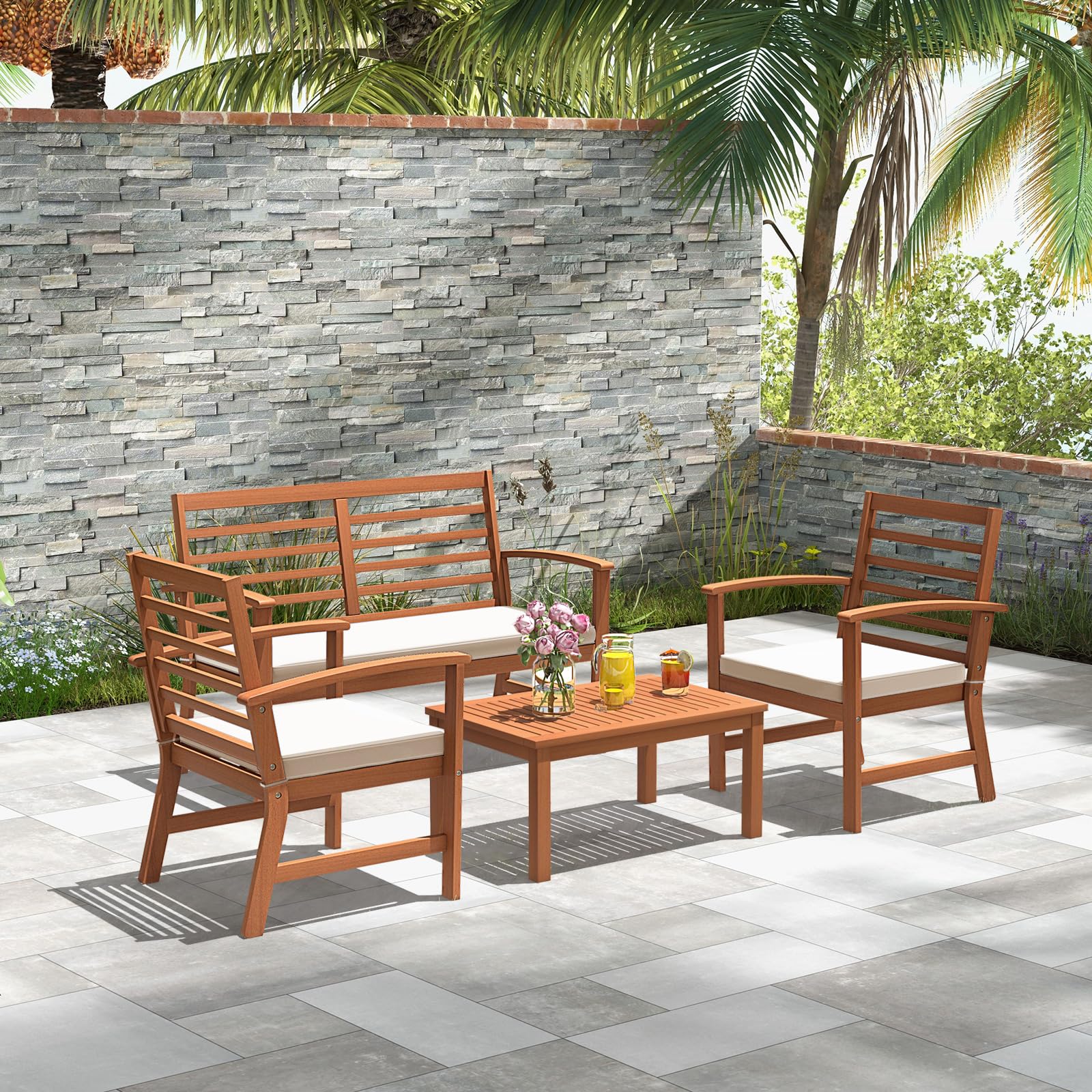 Tangkula 4 Pieces Outdoor Furniture Set, Acacia Wood Conversation Set w/Soft Seat Cushions, Stable Acacia Wood Frame, Patio Sofa & Coffee Table Set for Backyard, Porch, Poolside (White)