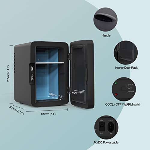 Living Enrichment Mini Fridge 6L Capacity, Portable Small Refrigerator Cooler or Warmer, AC DC Powered, Skincare Fridge with Mirror Door, for Food, Cosmetics, Home, Office and Car - Black