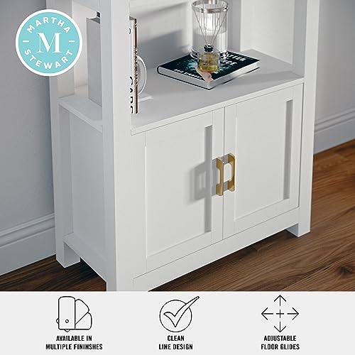 Martha Stewart Hutton Four Tier Shaker Bookcase with Storage Cabinet in White with Polished Brass Hardware