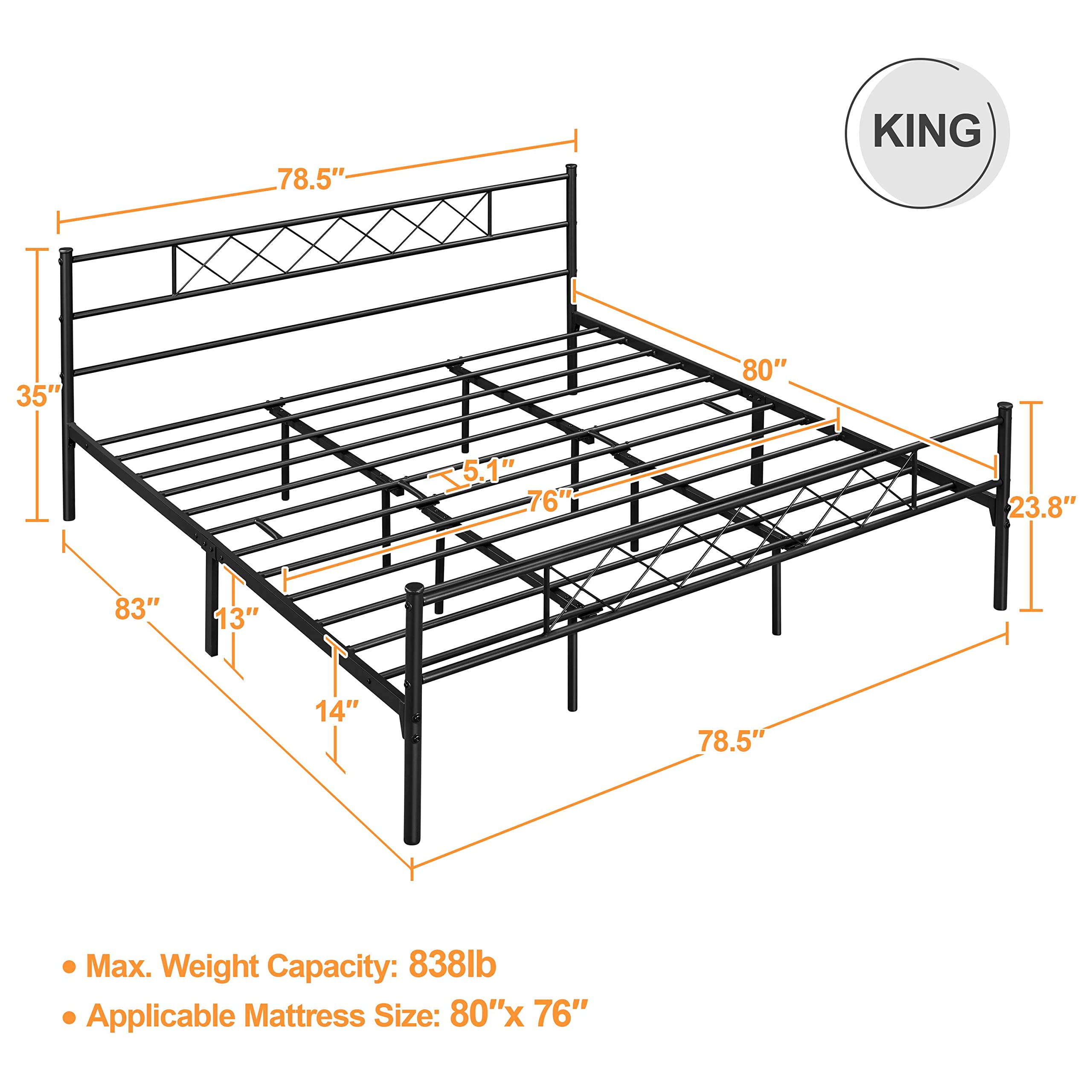 Yaheetech Metal Platform King Bed Frame Mattress Foundation with Headboard and Footboard No Box Spring Needed Under Bed Storage Steel Slats Black