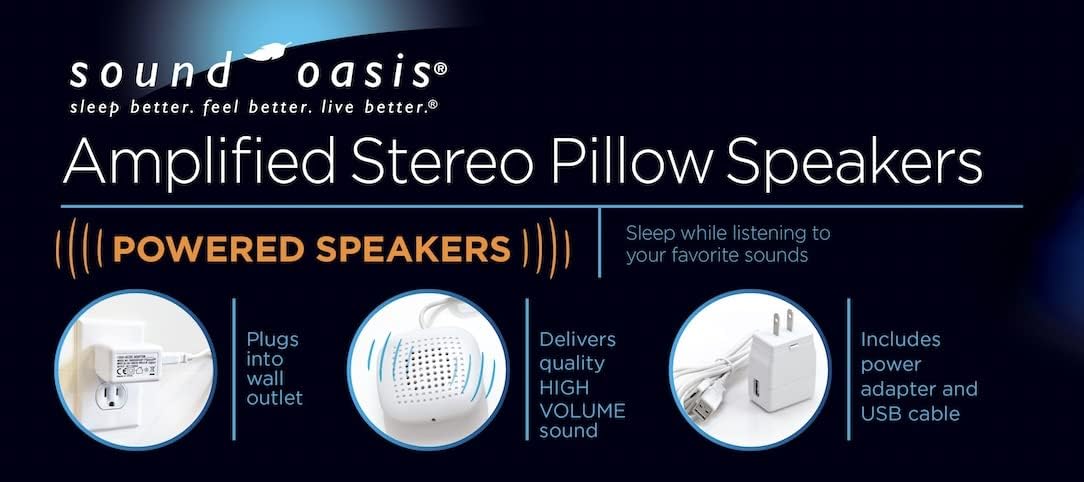 Sound Oasis Amplified Pillow Speakers, 2 Ultra-Thin Hi-Fi Stereo Speakers, Volume Control, Surround Sound for Music, Sleep, Tinnitus Masking, Connects to External Sound Source.