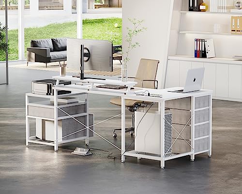 KKL Home Office Desk with File Drawer & 3 Power Outlets &2 USB Ports, 55'' L Shaped Desk with Storage Shelves, Printer Cabinet and Monitor Shelf, Computer Table Executive Desk Workstation, White