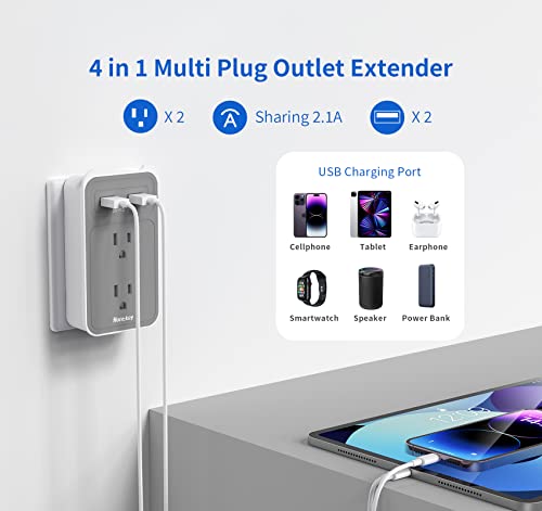 Outlet Extender with Multi Plugs, Huntkey Multi USB Plug Outlet Splitter W. Phone Cradle & 2 USB A Plug Charging Port (No Surge Protector)
