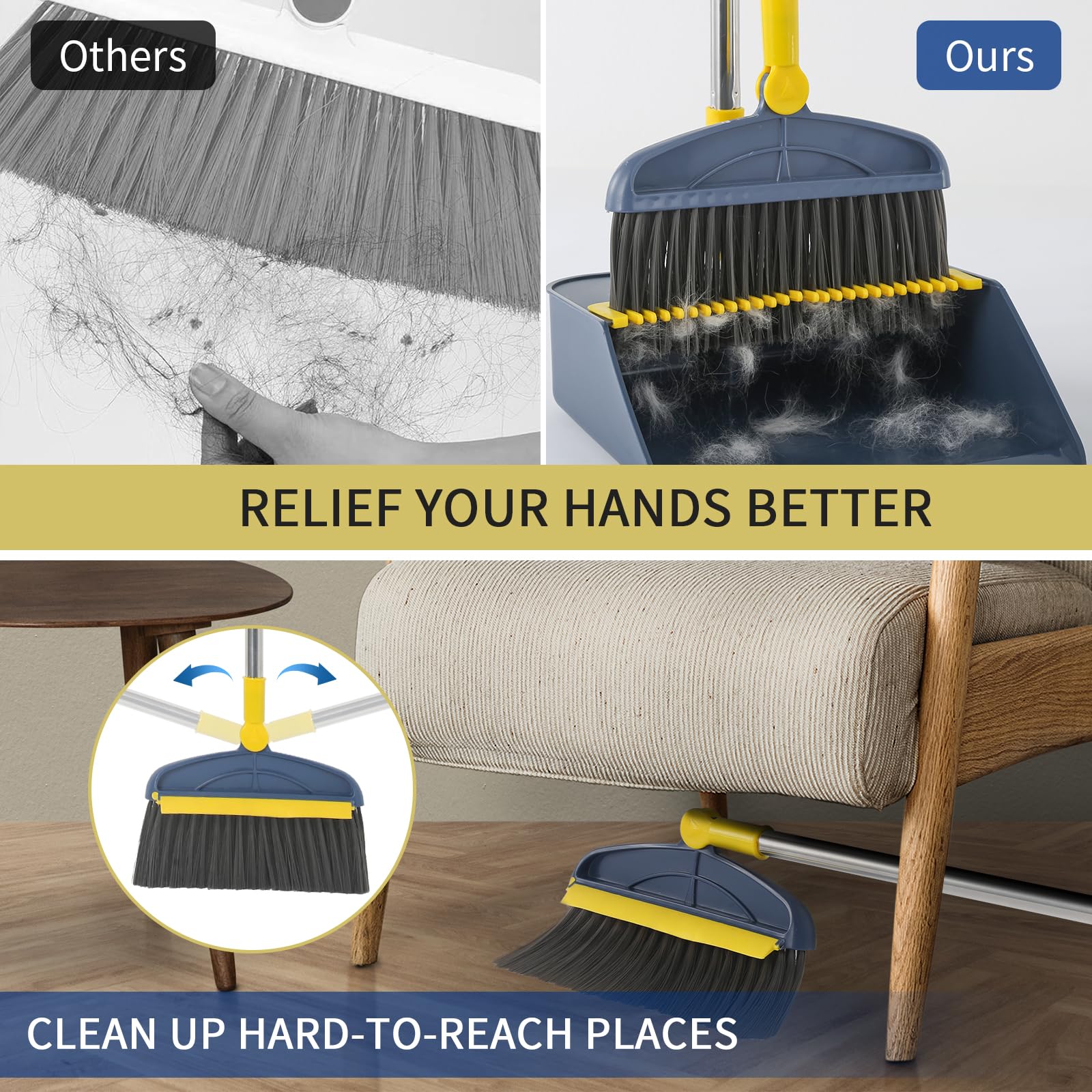 Broom and Dustpan Set,2 in 1 Broom Brush with Dustpan Combo Set, Upright 180°Rotating Broom with Long Handle and Lightwight Dust Pans for Home Kitchen Room Office Lobby Floor Cleaning,Blue