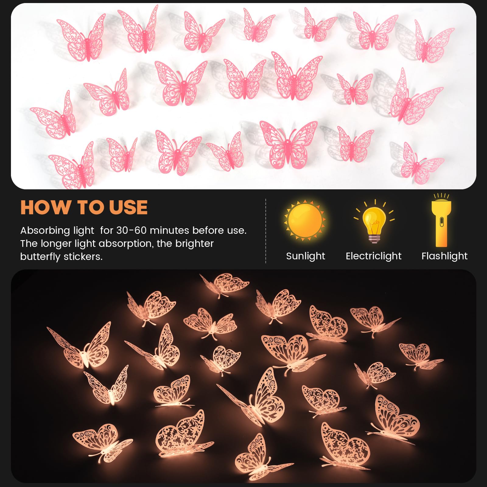 Crosize Butterfly Wall Decals Colorful Glow in The Dark, Fluorescent Pink, 24 Pieces