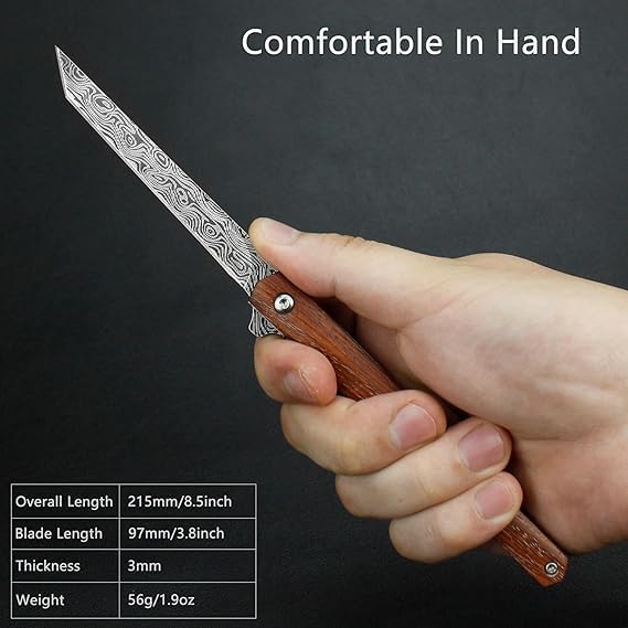Kitory Slim Pocket Knife, 3.8'' Red Wooden Handle, High Stainless Steel Thick Blade,Whittling, Camping, Hunting, General Use, Indoor and Outdoors