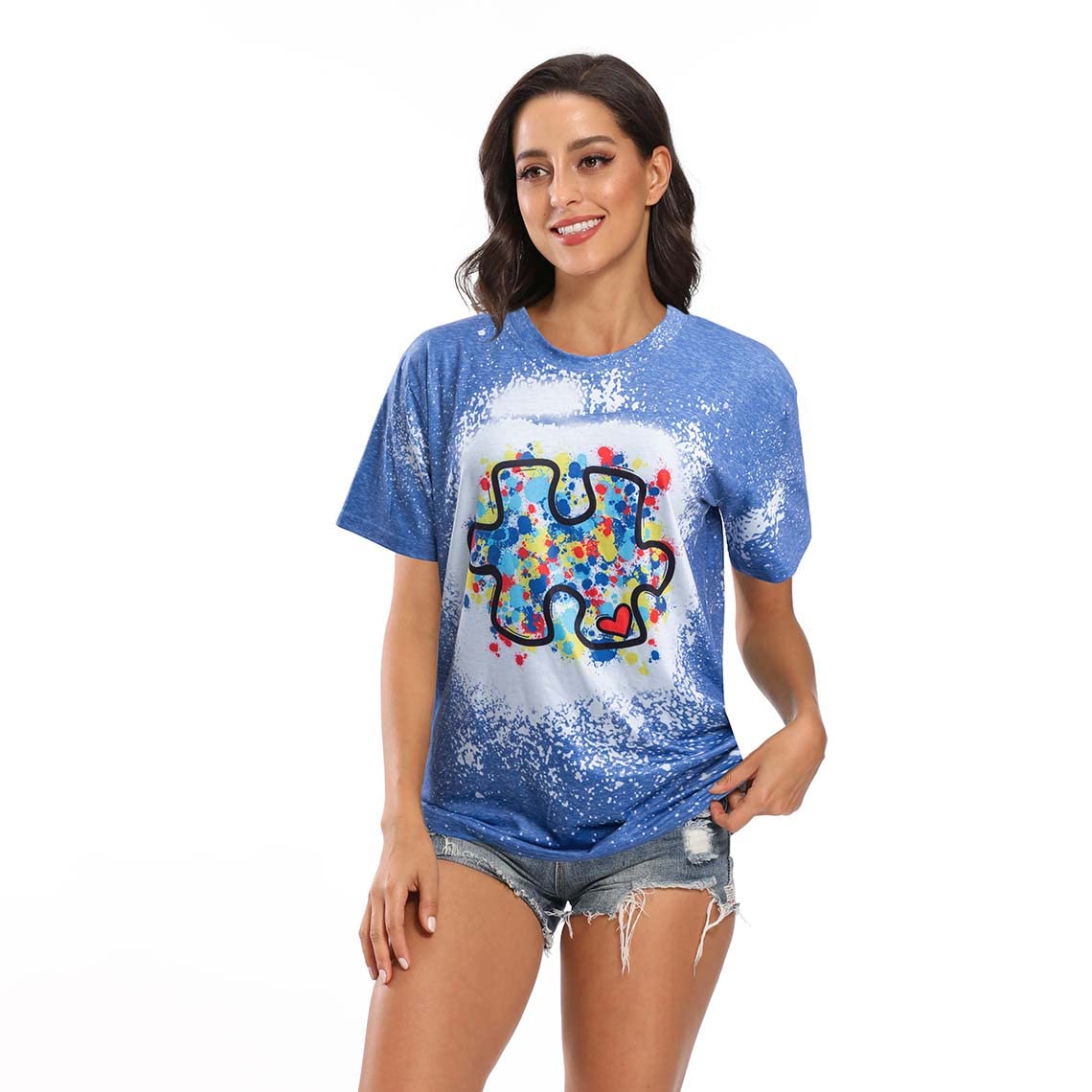 Autism Awareness T Shirt Women Autistic Support Graphic Tee Shirt Casual Puzzle Piece Bleached Tee Tops Bleached-Blue