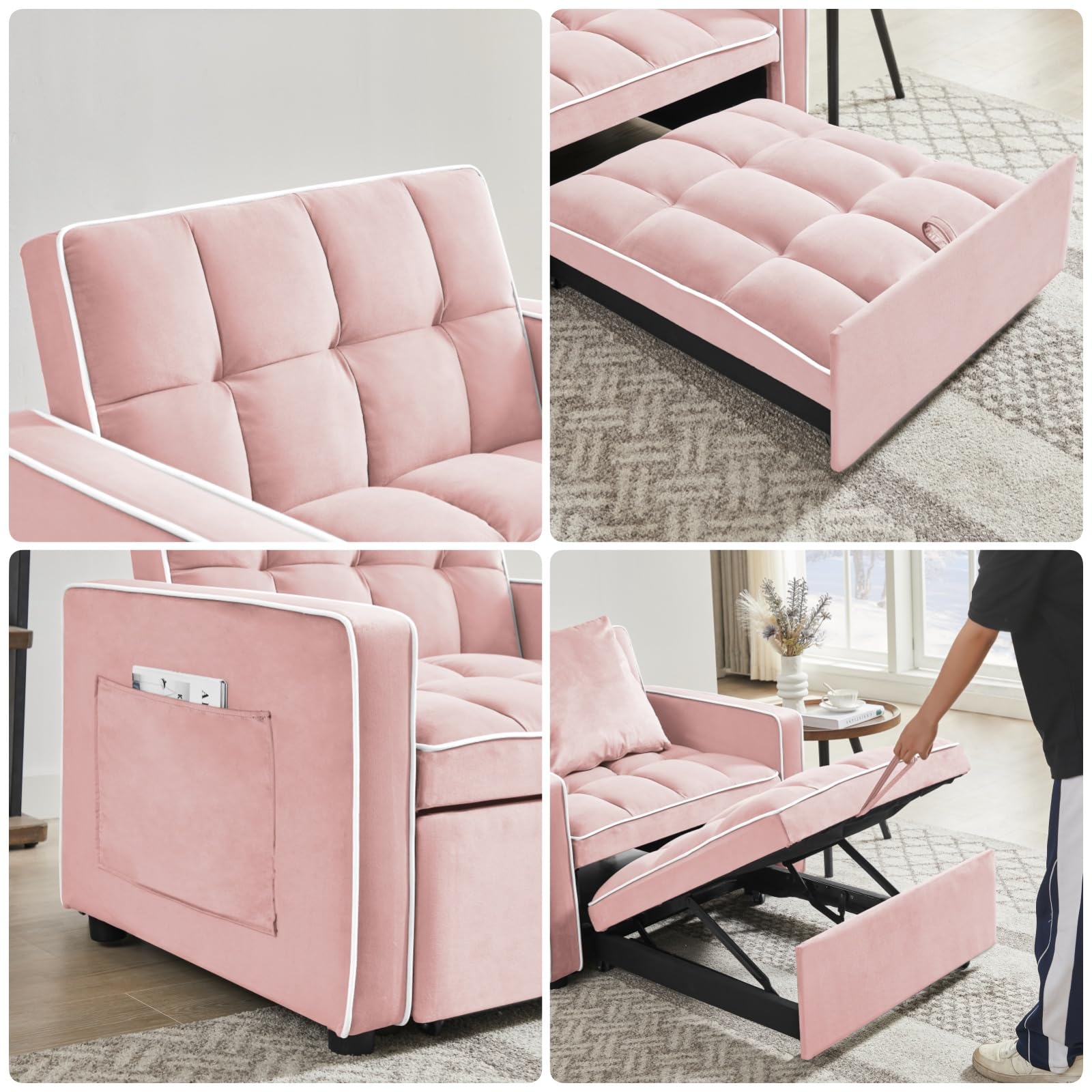 ChicFurnit Sofa Bed, Three-in-One Couch Chair with Upholstered Adjustable Curved Backrest & Pillow Top Arms, Velvet Folding Sleeper Sofa Bed with Side Pockets & Throw Pillow for Living Room, Pink