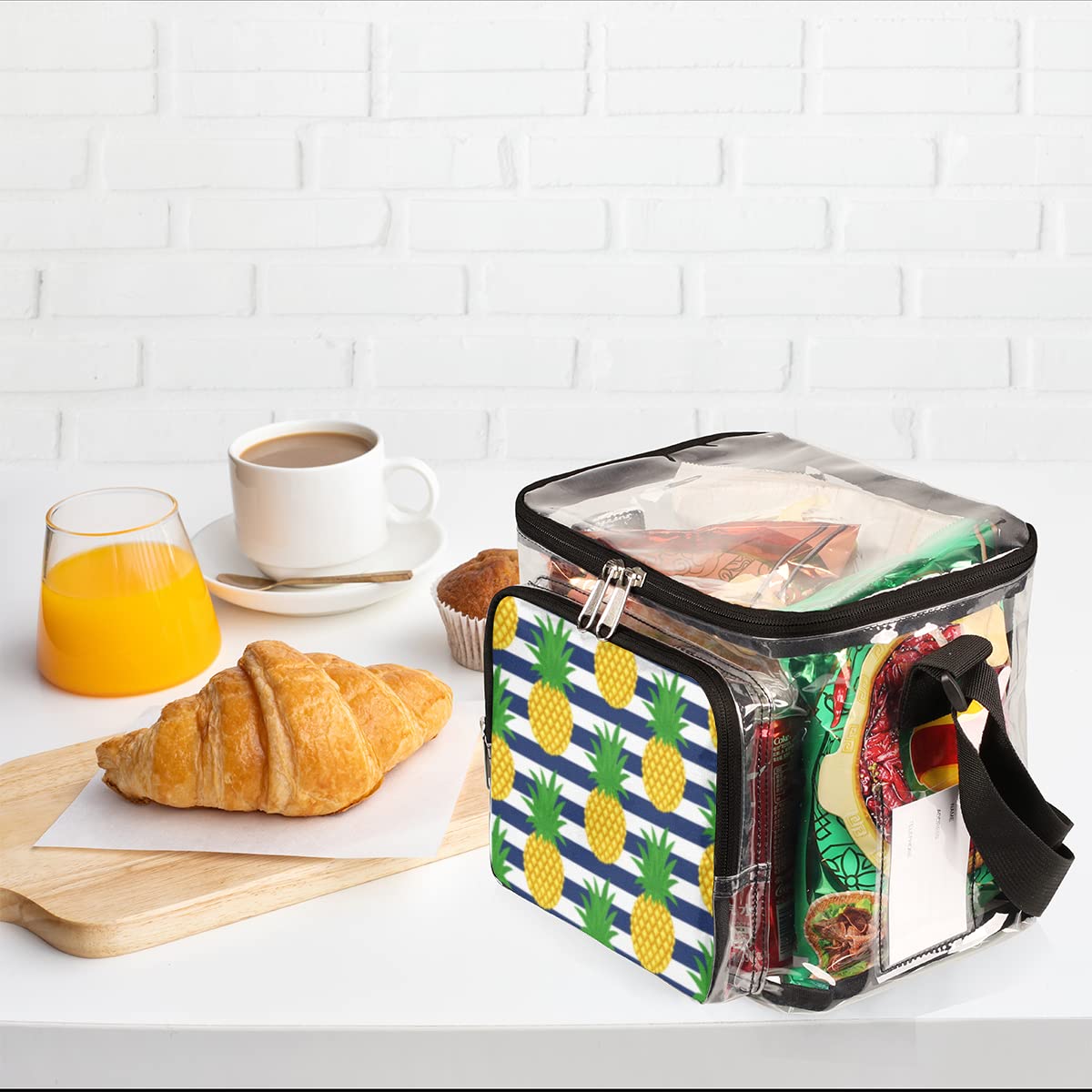bisibuy Pineapple Striped Background Clear Lunch Bag Stadium Approved PVC Plastic See Through Lunch box with Adjustable Strap for Sports Events Concerts Office