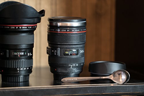 STRATA CUPS Camera Lens Coffee Mug -13.5oz, SUPER BUNDLE! (2 LIDS + SPOON) Stainless Steel Thermos, Sealed & Retractable Lids! Photographer Camera Mug, Travel Coffee Cup, Coffee Mugs for Men, Women