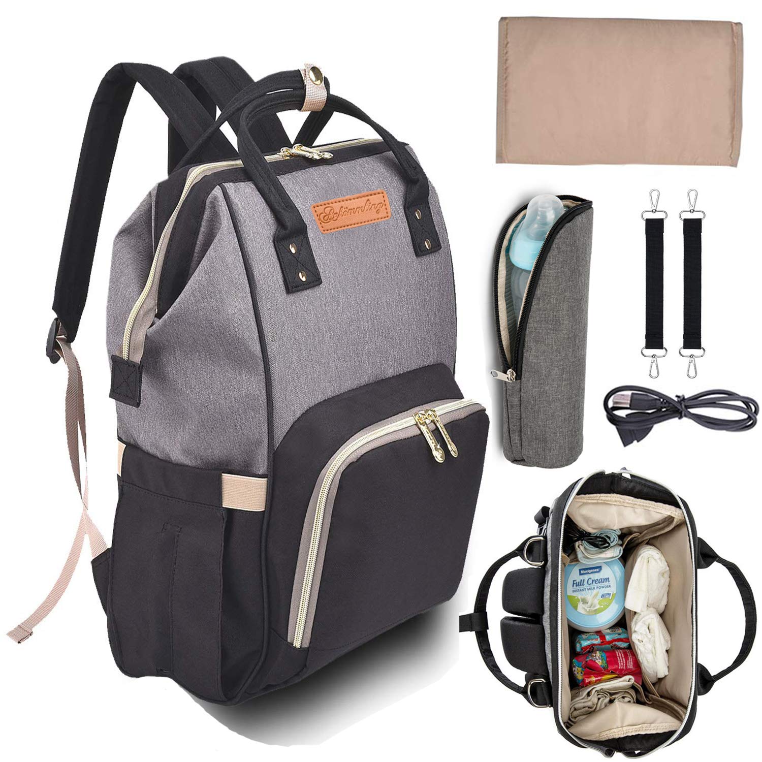 AOCKS Diaper Bag Organizer Insulated Waterproof Travel Backpack Large Capacity for Baby Care,Multi-Function, Stylish and Durable (Black Grey)