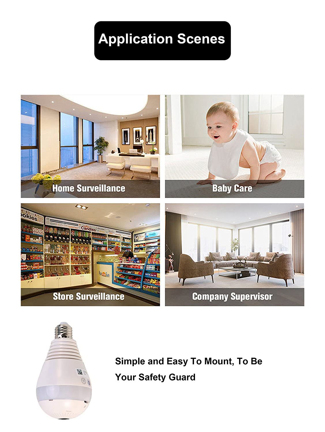 bluedery Light Bulb Camera, 360 Degree Panoramic IP Camera 1080P Fisheye Wireless Security Camera with IR Night Vision, Two-Way Audio, Motion Detection