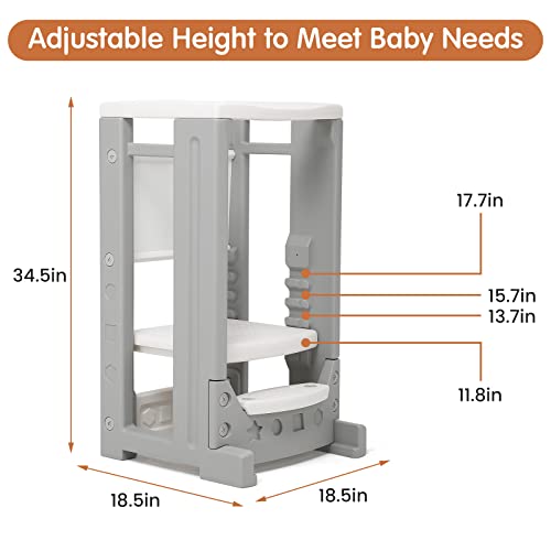 Toddler Tower Children Step Stool with 4 Adjustable Heights, Kitchen Helper Stool with Safety Rail, Learning Tower for Toddlers Kids with Whiteboard, Toddler Step Stool Helper, 1-6 Year Old Boy Girl