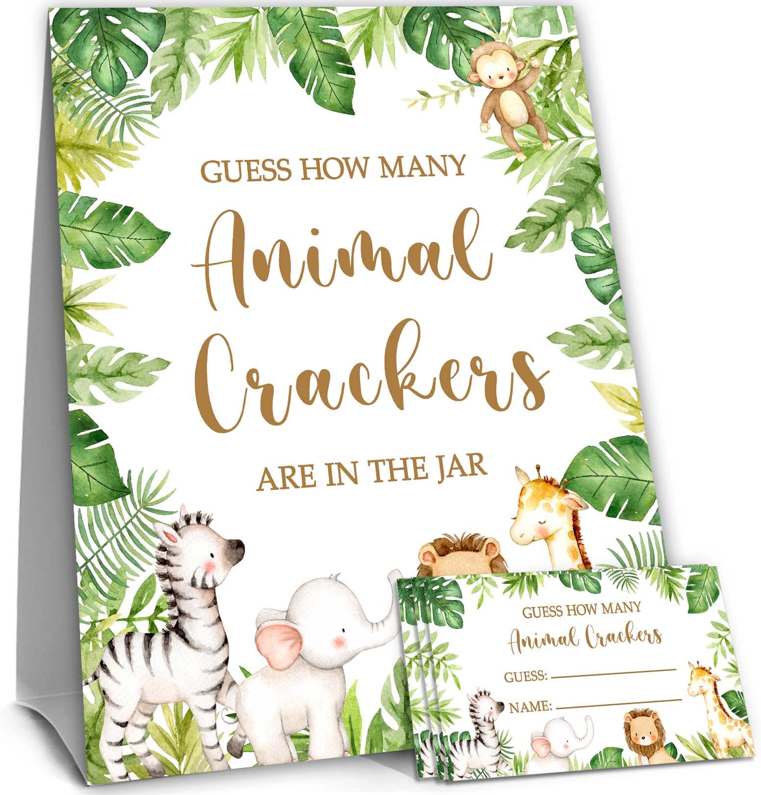 Safari Jungle Guessing Game Cards, Guess How Many Animal Crackers Guessing Game, 50 Cards and Matching Sign, Safari Animal Baby Shower Game