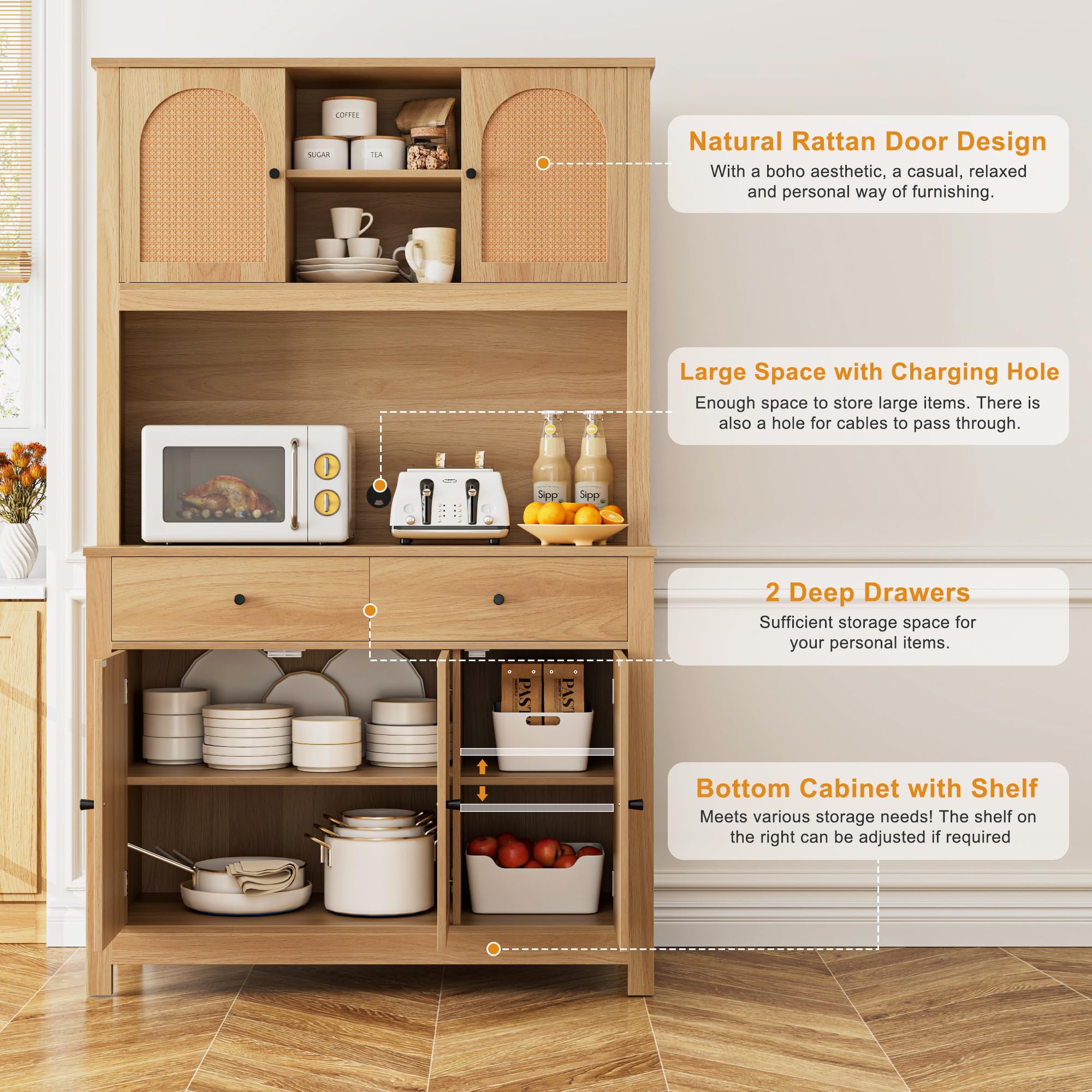 FINETONES 71" Kitchen Pantry Cabinet, Pantry Cabinet with Microwave Stand & Charging Hole, Freestanding Kitchen Hutch with Drawers and Adjustable Shelves, Kitchen Rattan Cabinet for Kitchen, Walnut