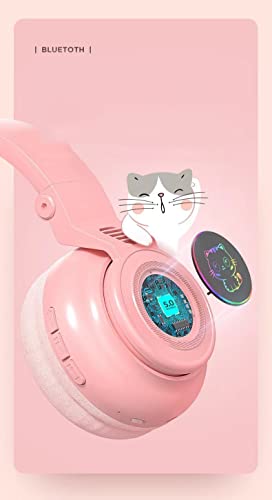 Headset Cat Ears Bluetooth Earphone Wireless Gaming Noise Cancelling 8 Hours with Mic USB Virtual Reality Detachable Cute Luminous Mouse Ear Rainbow RGB Flashing Light On-Ear Headphone (Pink) (ER-1)