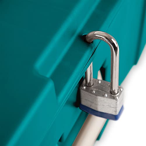 Sterilite 16 Gallon Lockable Storage Tote Footlocker Toolbox Container Box with Wheels, Handles, Metal Handles, and Latches, Teal with Gray Clips