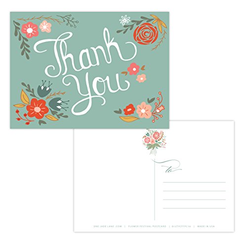 One Jade Lane - Floral Festival Thank You Cards (Self-mailer) POSTCARDS "Postage Saver" (Set of 40).