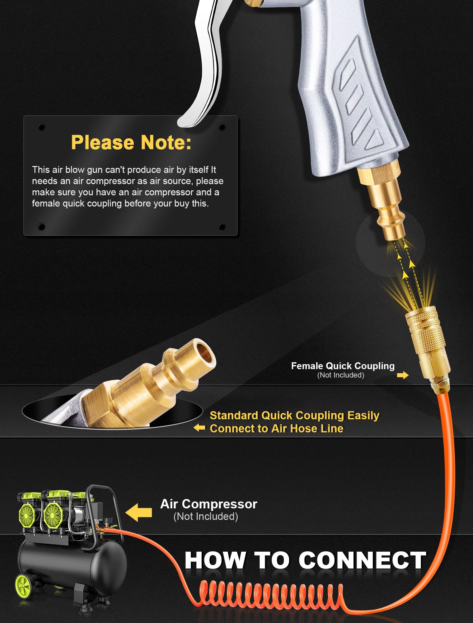 JASTIND Air Blow Gun with Adjustable Brass Air Nozzle, 2 Pcs Steel Extensions and 13.7 Inch Flexible Flow Hose, High Volume Air Gun Blower for Air Compressor Accessories Pneumatic Tool Dust Clean