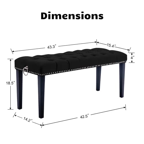 HEAH-YO Modern Velvet Tufted Bench, 18" Seat Height Upholstered Ottoman Dining Bench with Pull Rings, Nailhead Trim Footstool for Entryway Bedroom Kitchen Dining Table, Black