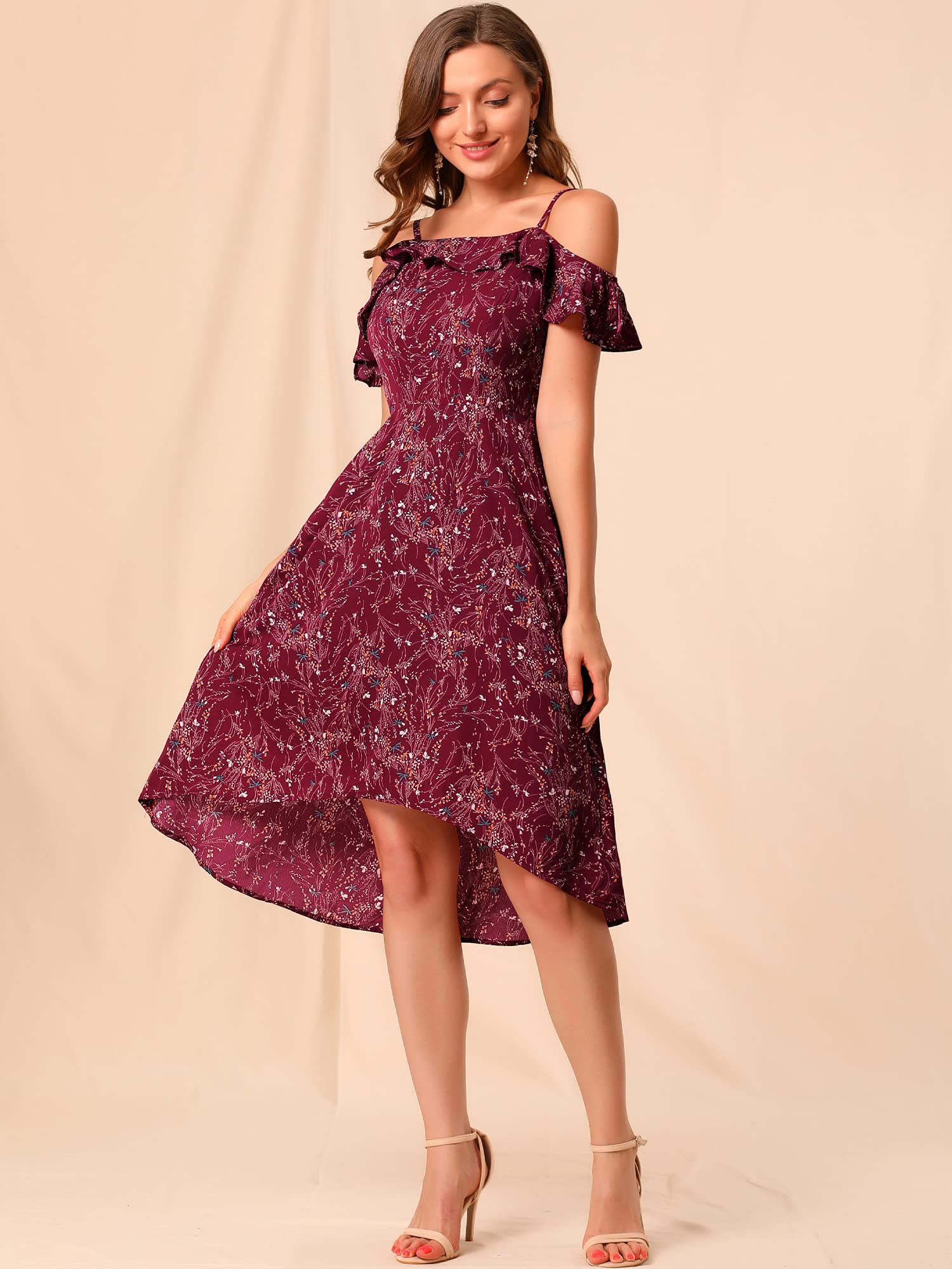 Allegra K Women's Spaghetti Strap Ruffled Sleeves Asymmetrical High Low Floral A-Line Midi Dress Large Wine Red