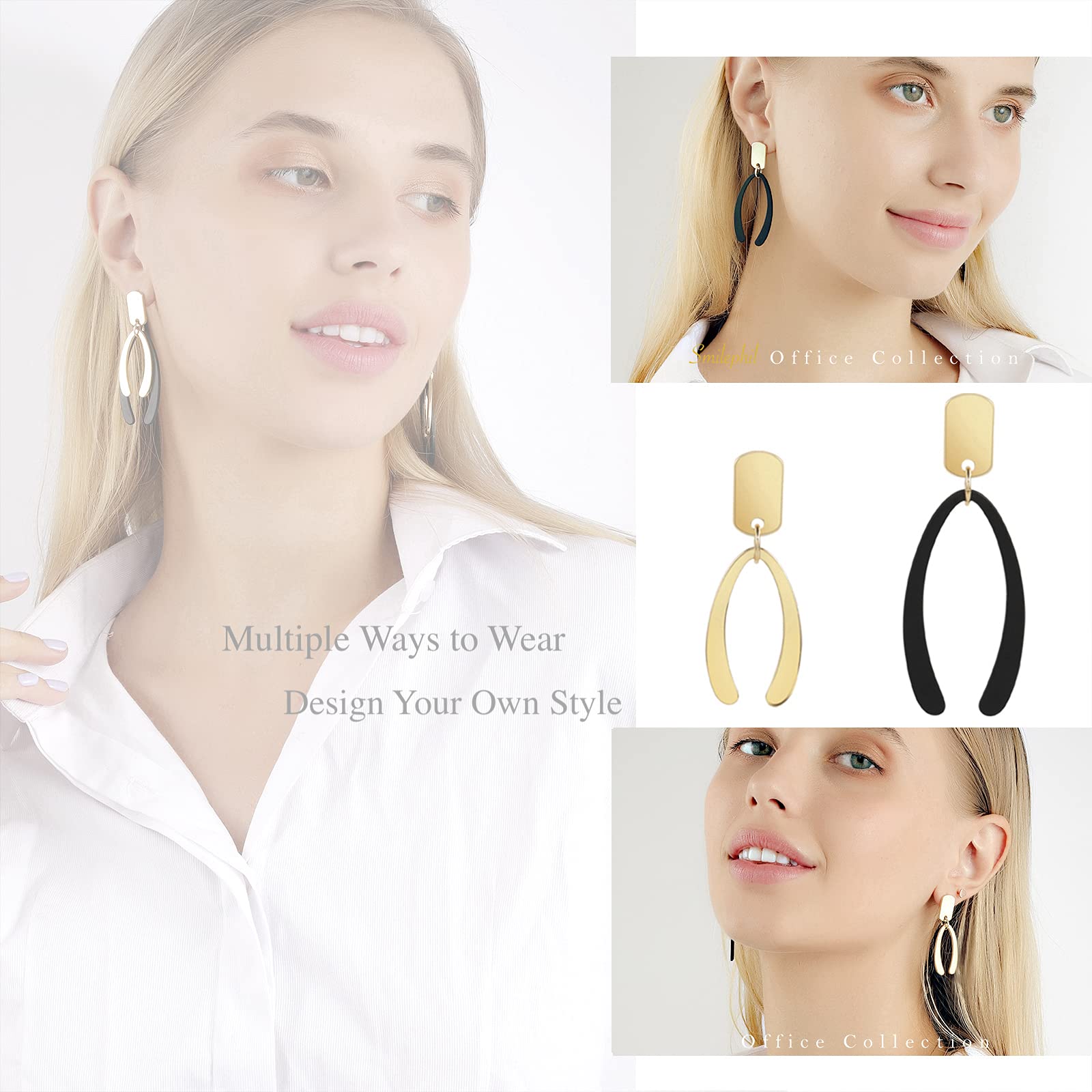 Black and Gold Statement Dangle Earrings - Big Geometric U Shaped, Metal Motion Shaky Asymmetrical Earrings, by Smilephil