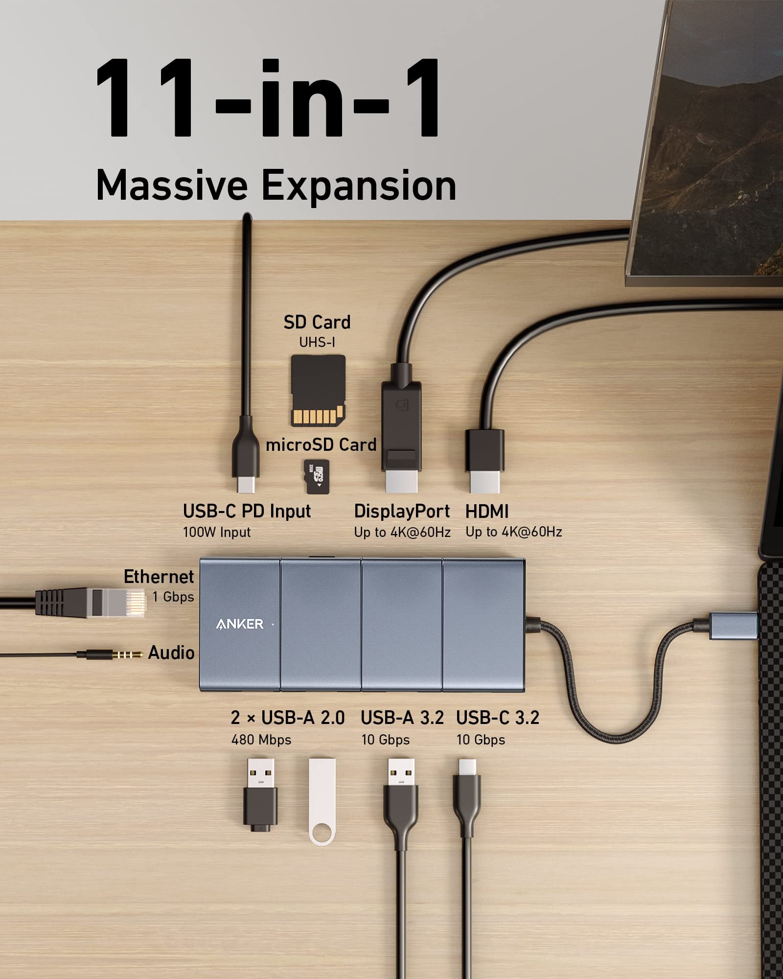 Anker 565 11-in-1 USB C Hub, 10 Gbps USB-C and USB-A Data Ports, 4K HDMI and DisplayPort, 100W Power Delivery, 2 USB 2.0 Data Ports, Ethernet, AUX, microSD and SD Card Slots, for XPS and More