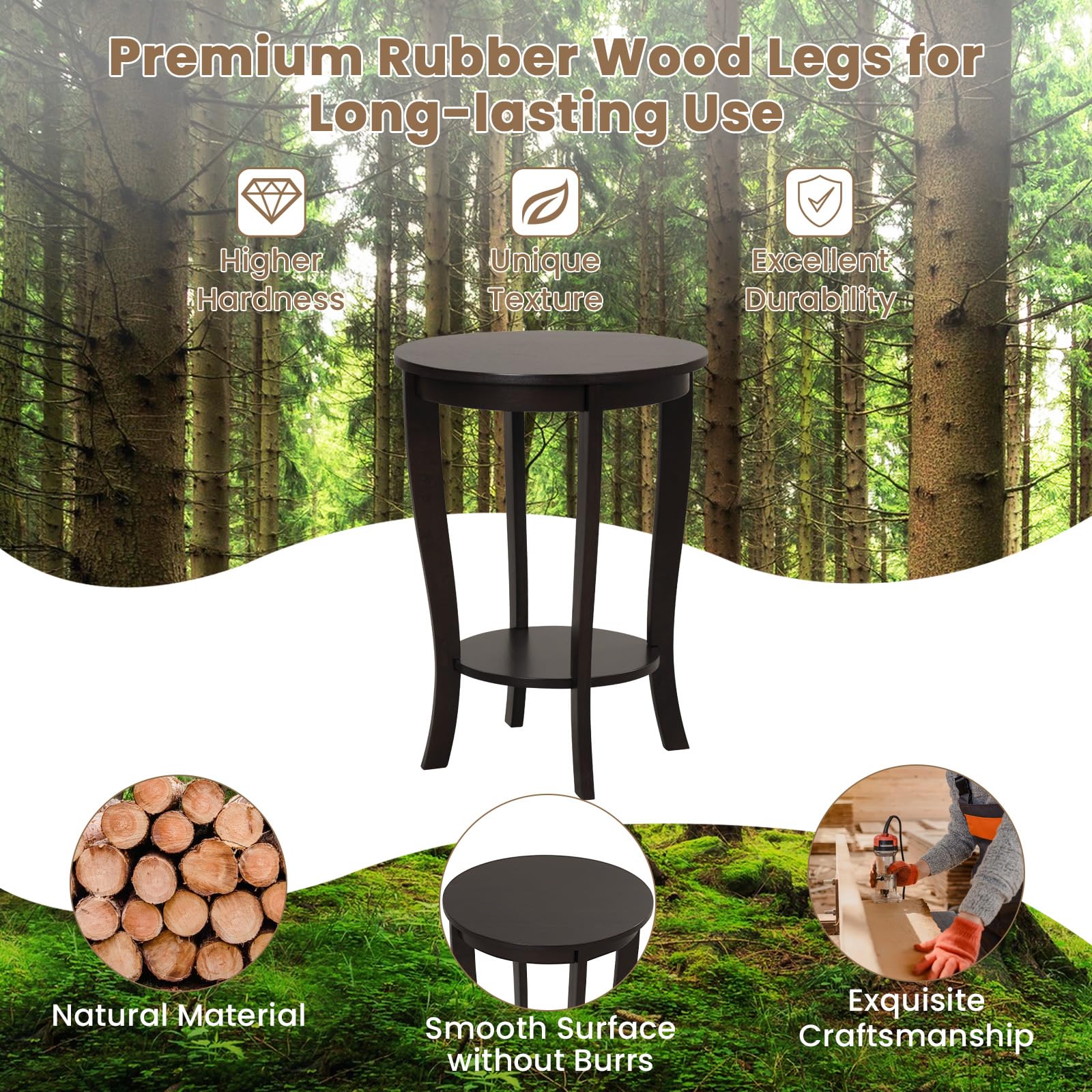 GOFLAME 2-Tier Round End Table, 18β Sofa Side Table with Storage Shelf, Floor Tea Table with Solid Wood Legs, Compact Nightstand for Small Space, Living Room, Bedroom, Espresso