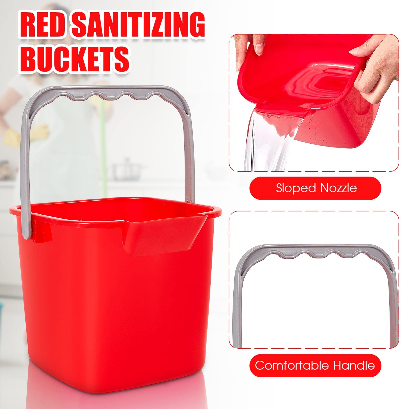 Irenare 8 Pcs Sanitizing Bucket 3 Quart Cleaning Bucket Small Detergent Square Bucket, Spout and Handle Plastic Utility Cleaning Pail for Kitchen Home Offices Commercial Use(Red)