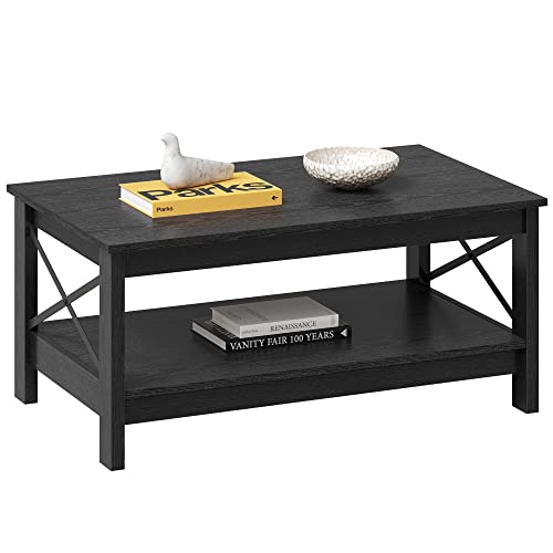 YITAHOME Coffee Table for Living Room,Modern Farmhouse Coffee Table with Storage,2-Tier Center Table for Living Room Wood Living Room Table Accent Cocktail with Sturdy Frame,Black