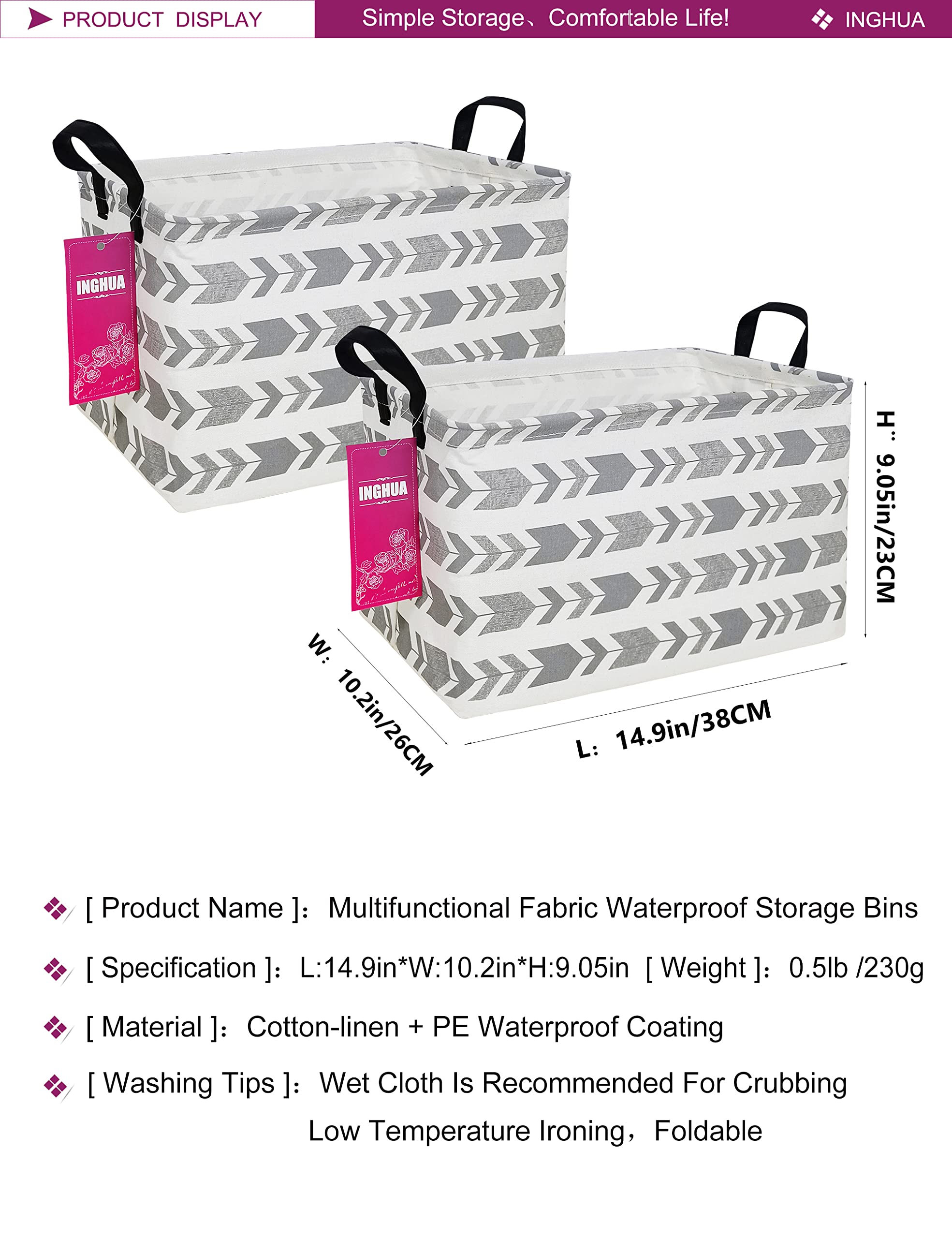 INGHUA 2 Packs Rectangular Storage Basket Fabric Organizer Bin for Toys,Books,Clothes,Gifts,Pets-Perfect for Home,Office,Nursery,Dorm,Shelf(Rec-2-Grey Arrow)