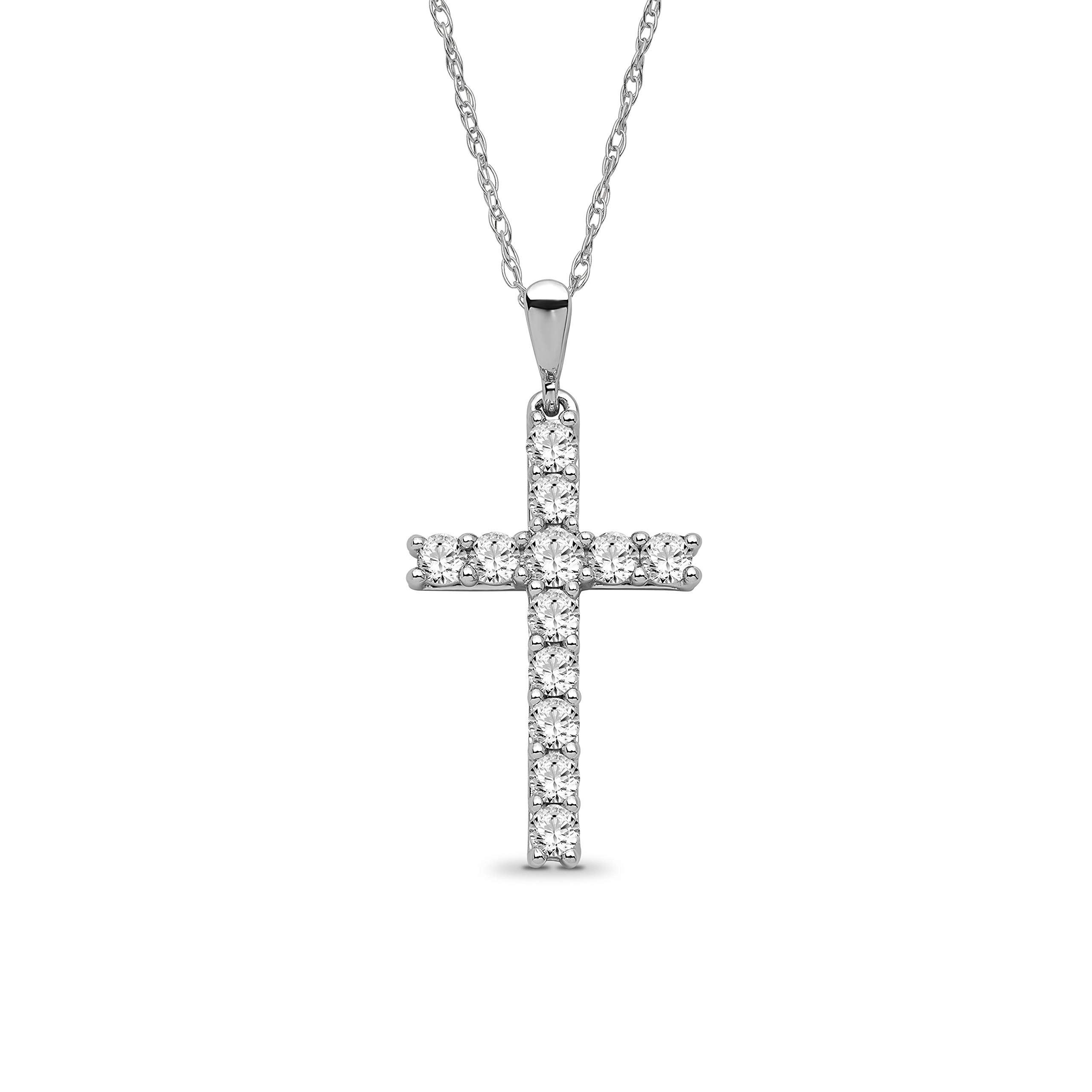 ARAIYA FINE JEWELRY 14K White Gold Round-shape Diamond Cross Pendant with Sterling Silver Chain Necklace (1/2 cttw, I-J Color, I2-I3 Clarity), 18"