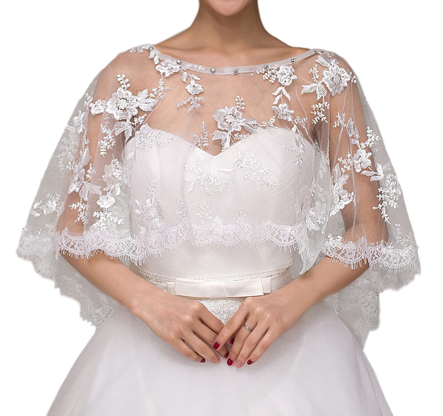 Ayliss Women Lace Wedding Shawls Wrap Bridal Embroidered Shrug Bolero Cape Shoulder Covers Up Evening Prom Party Dress (White #1)