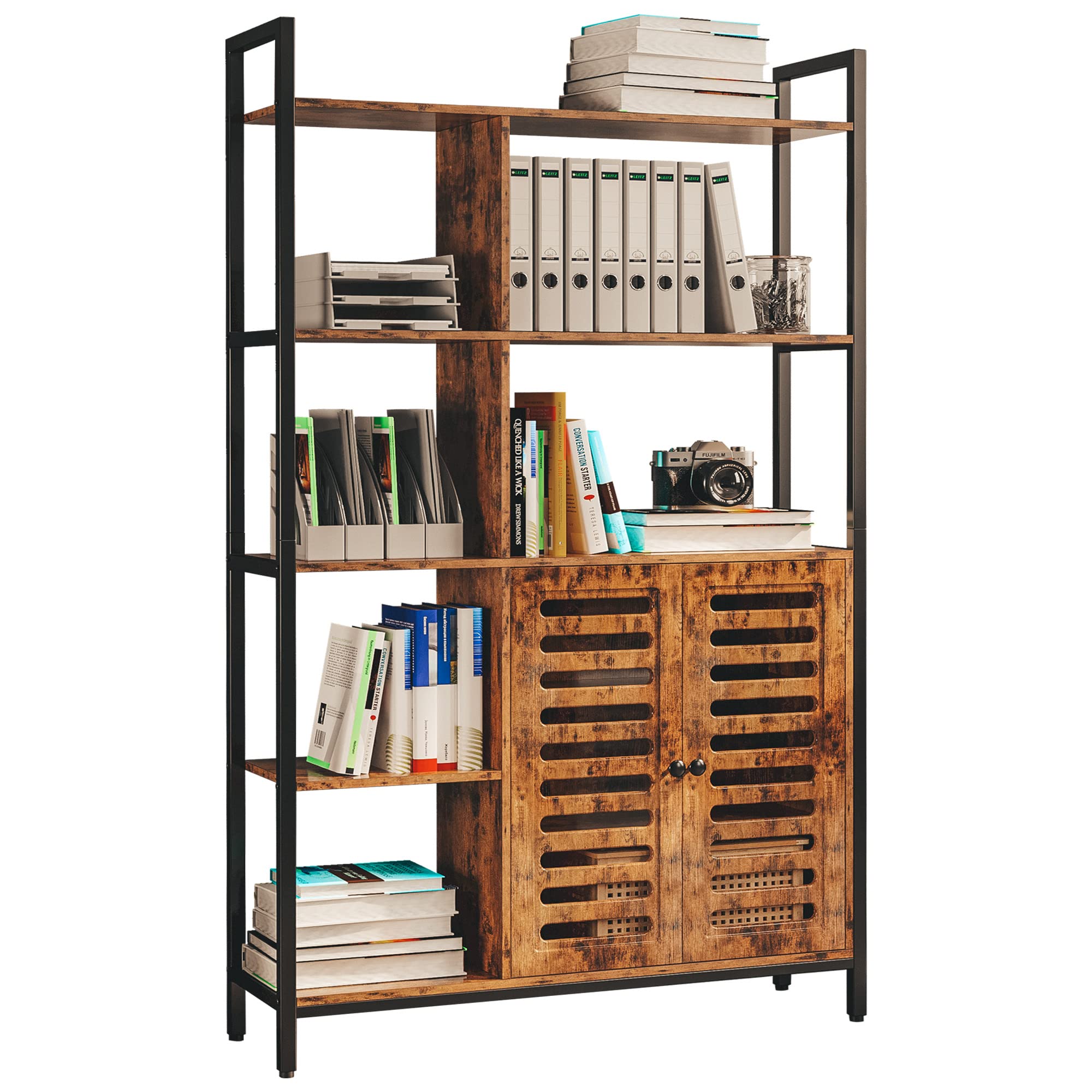 IRONCK Bookcases and Bookshelves, Industrial 5 Tier Bookshelf with Doors Wooden Display Shelf for Home Decor, Vintage Brown