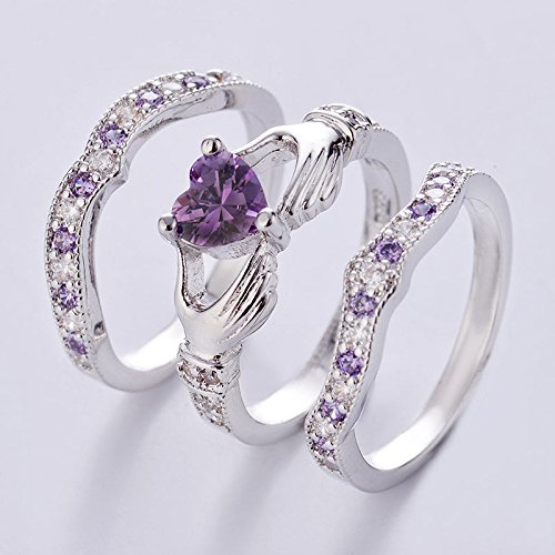 suchadaluckyshop 3PCs Irish Claddagh Celtic Heart Amethyst 925 Silver Wedding Ring Bridal Set New (10)