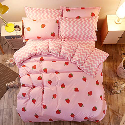 HALOZI Duvet Cover Set Full Size Strawberry Pink Stripes Reversible Luxury Soft Bedding Set Comforter Cover with Zipper Closure and Corner Ties (1 Duvet Cover+2 Pillowcases)(Full(80X90) inch)