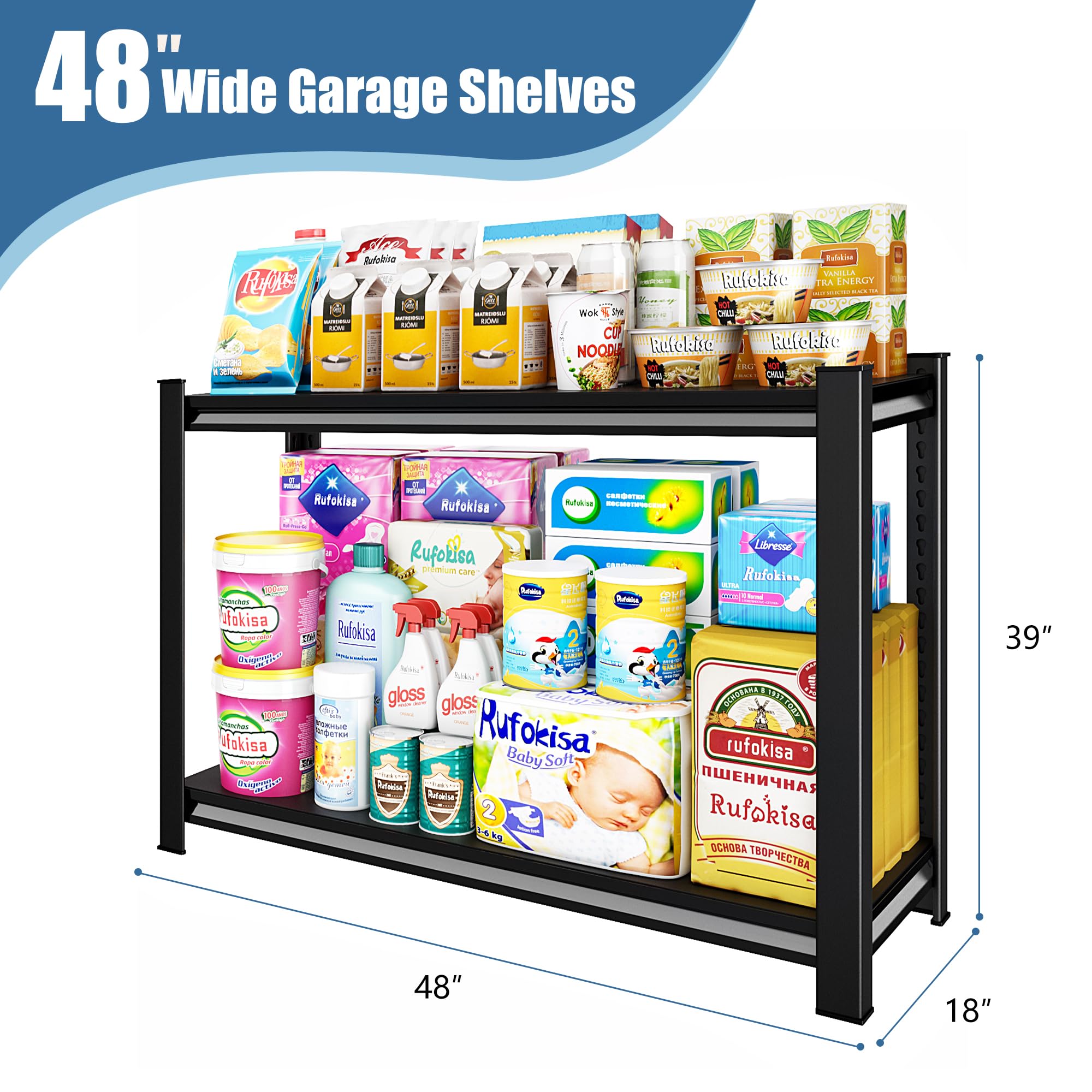 Rufokisa Garage Shelving Heavy Duty,Large Loads Adjustable Garage Storage Shelves, Metal Storage Racks and Shelving Units, Utility Rack Shelves,48”W x 18”D x 39”H,Black