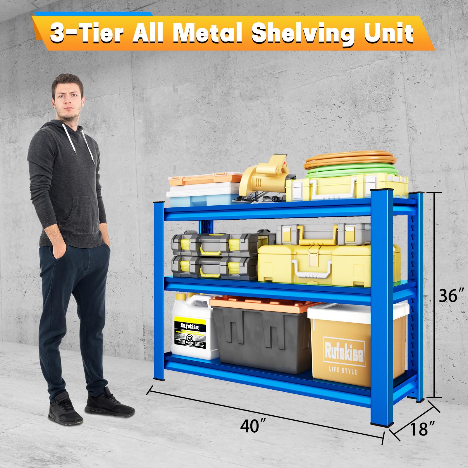 Rufokisa 40" W Garage Shelving Heavy Duty,1500LBS Loads Adjustable Garage Storage Shelves,3-Tier Metal Storage Racks and Shelving Units, Utility Rack Shelves,40”W x 18”D x 36”H,Blue