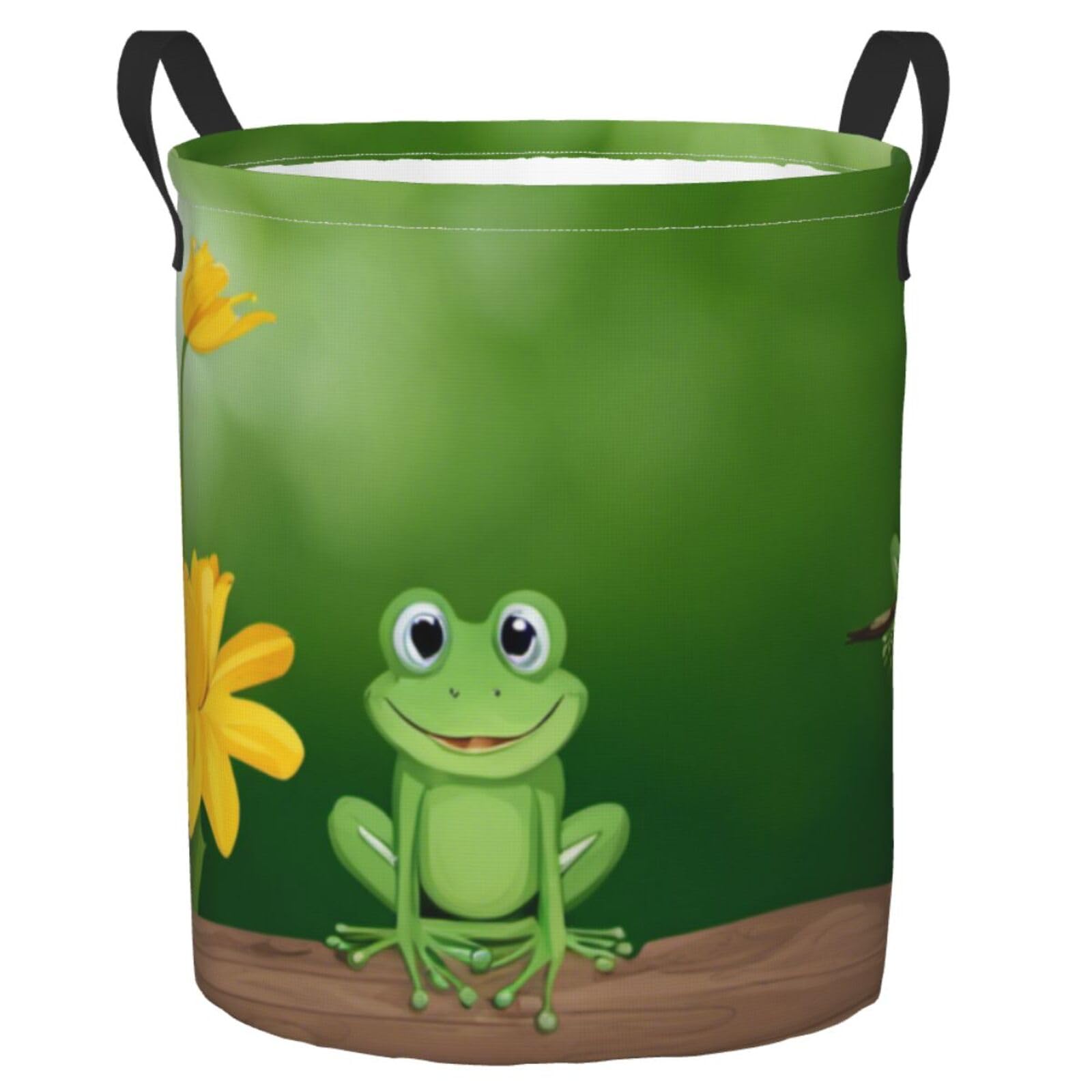 Delerain Frog Yellow Flower Laundry Basket, Waterproof Laundry Hamper with Handles, Collapsible Toy Bins Dirty Clothes Round Storage Basket for Home Bathroom Office Nursery, 19.6X15.7(M)
