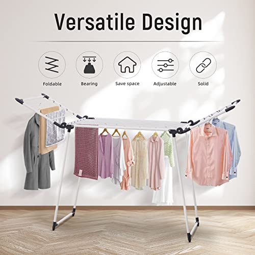 YUBELLES Clothes Drying Rack, Gullwing Laundry Rack, Collapsible, Space-Saving Laundry Rack, with Sock Clips, for Clothes, Towels, Linens, Indoor/Outdoor