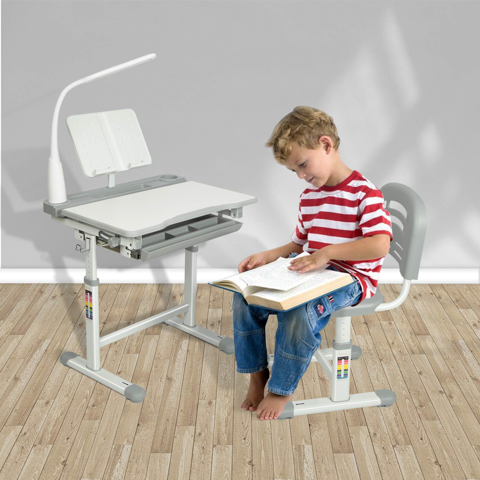 Diroan Kids Desk and Chair Set, Multi-Functional Height Adjustable Children School Study Desk with Storage, Tilt Desktop, LED Light, Book Stand & Metal Hook for Boys Girls, Pink