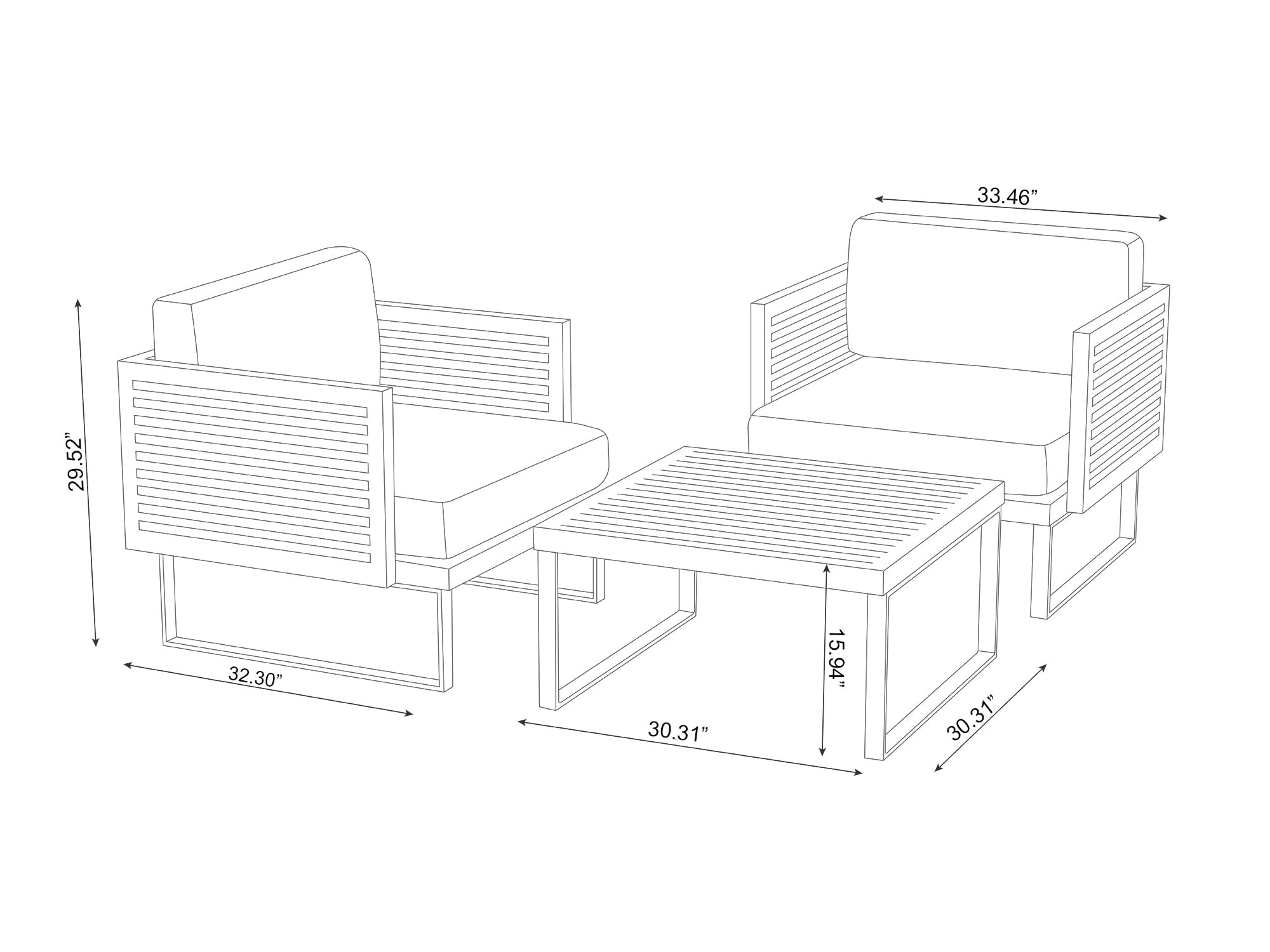 NewAge Products Outdoor Furniture Monterey 3 Piece Chat Set with Coffee Table, Patio Conversation Sets, Aluminum + Teak, Cast Silver, 91210