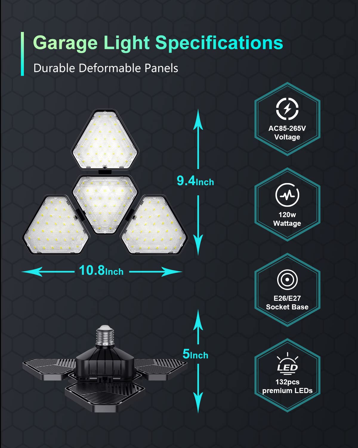 Garage Light 120W - 12000LM 6000K LED Garage Light with 3 Deformable Panels, Screw in Garage Lights Ceiling Led, E26/E27 Garage Lighting Bulb for Garage, Attic, Basement, Barn, Workshop - 1 Pack