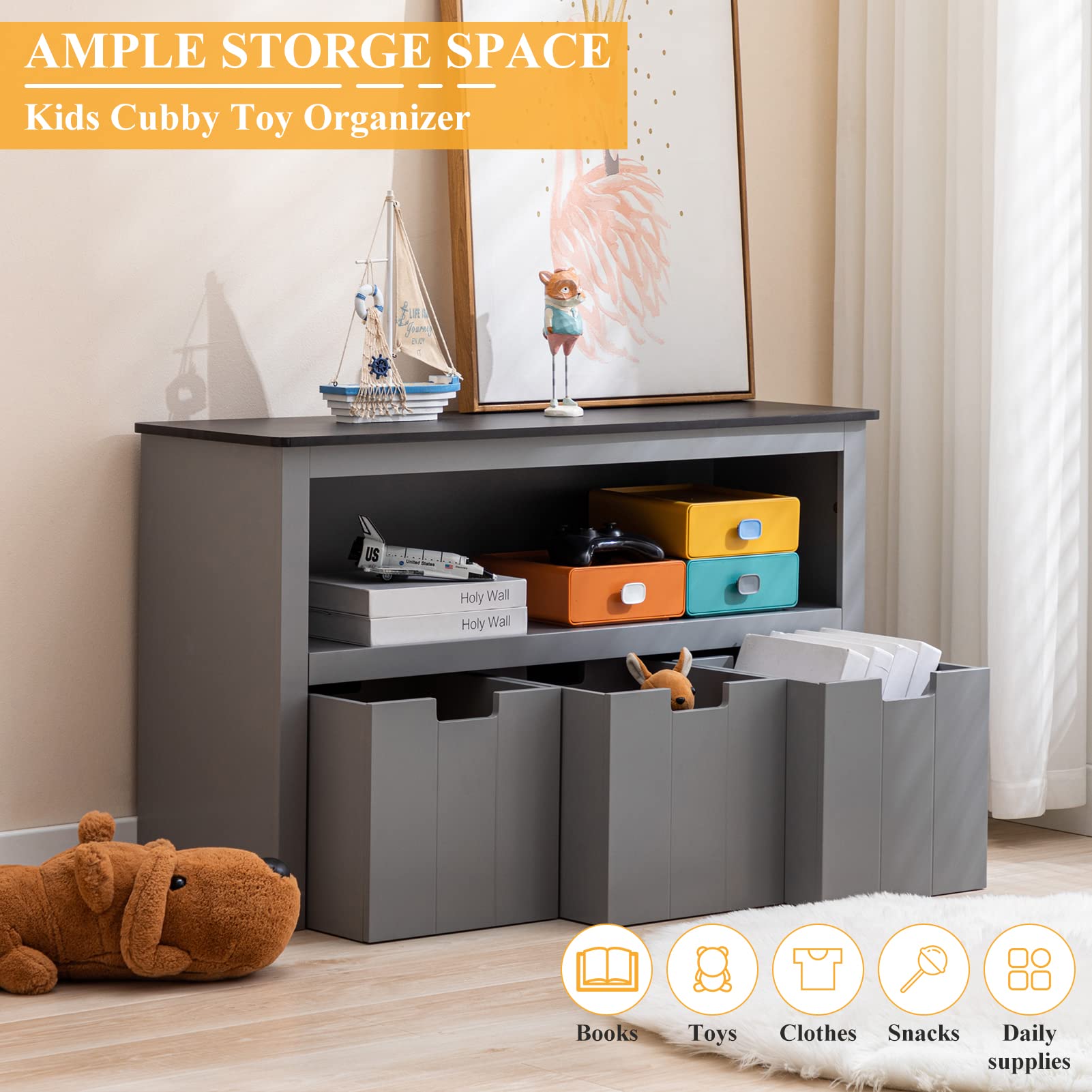 AUXSOUL Toy Storage Organizer - Kids Toy Organizers with Blackboard - 3 Storage Bins and Open Shelf - Suitable for School Classroom, Children's Room, Playroom, Hallway(Grey)