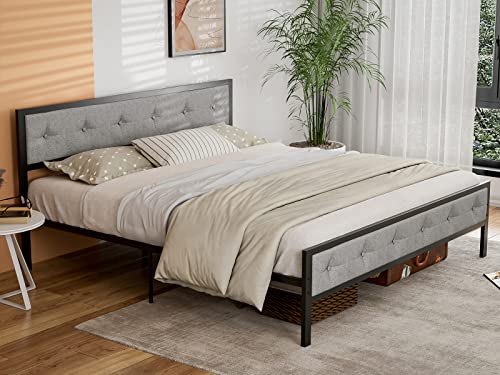 IKIFLY Metal California King Size Bed Frame with Upholstered Linen Headboard Footboard, Mattress Foundation, Heavy Duty Metal Slats, Easy Assembly, No Box Spring Needed - Light Grey/Cal King